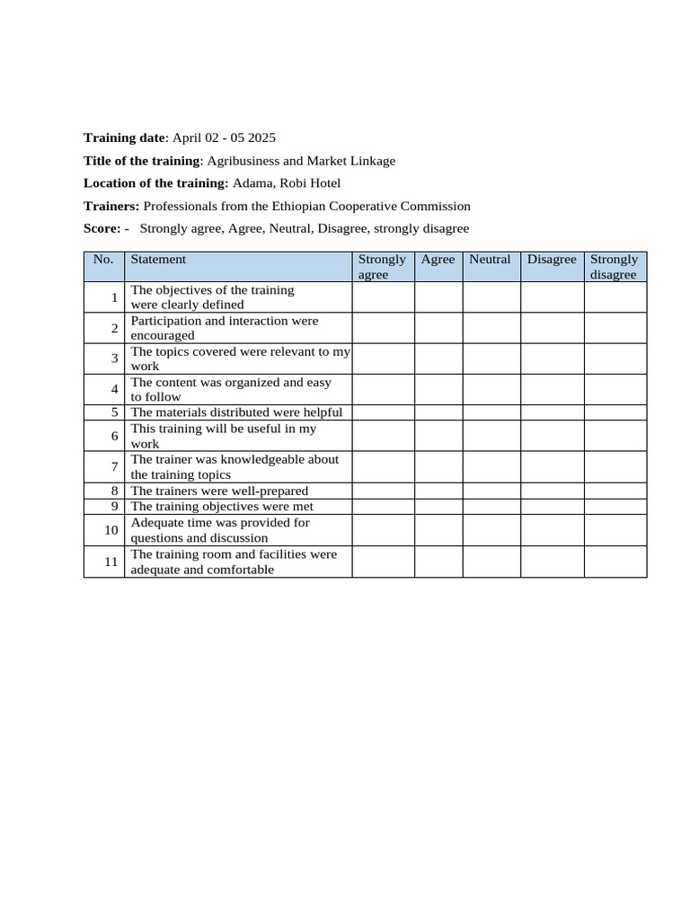Training Evaluation Form (Agribusiness and Market Linkage) | PDF