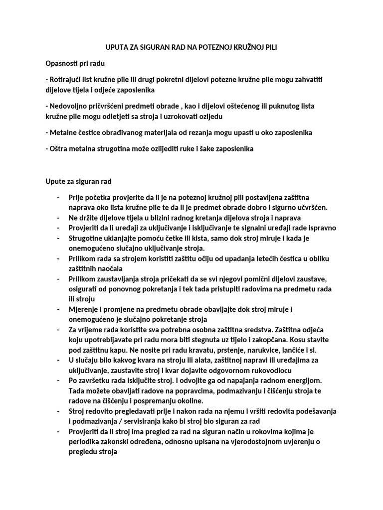 UPUTA ZA SIGURAN RAD NA Poteznoj Kružnoj Pili-Sp 2024 | PDF