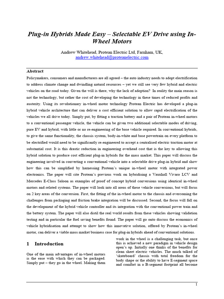 Plug in Hybrids Made Easy Selectable EV Drive Using in Wheel Motors ...