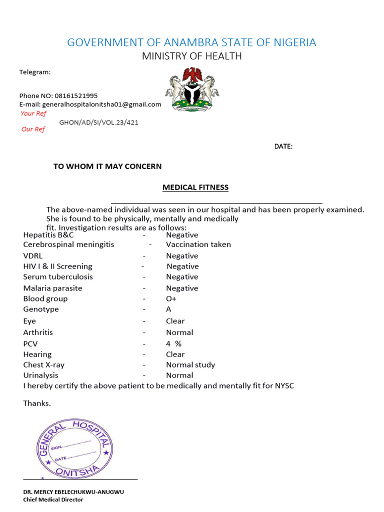 Medical Fitness Certificate for NYSC | PDF