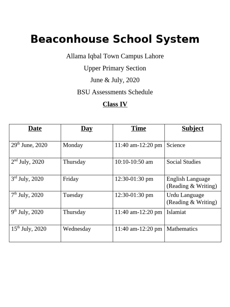 Assessment Schedule BSU Class IV June 2020 | PDF