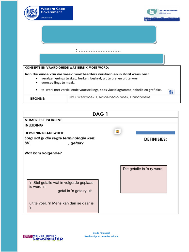 Lesplan Gr. 7 Wiskunde Term 2 Week 5 & 6 Geometriese & Numeriese ...
