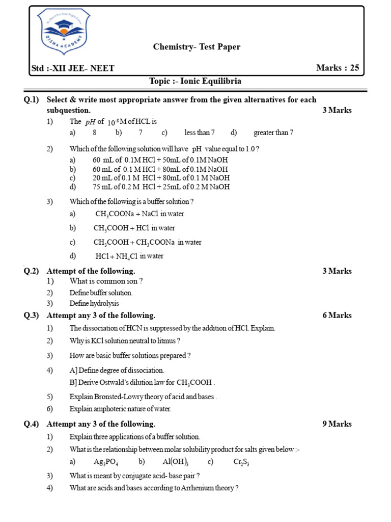 XII-JEE-NEET Chemistry Board Paper Satara | PDF | Ph | Buffer Solution