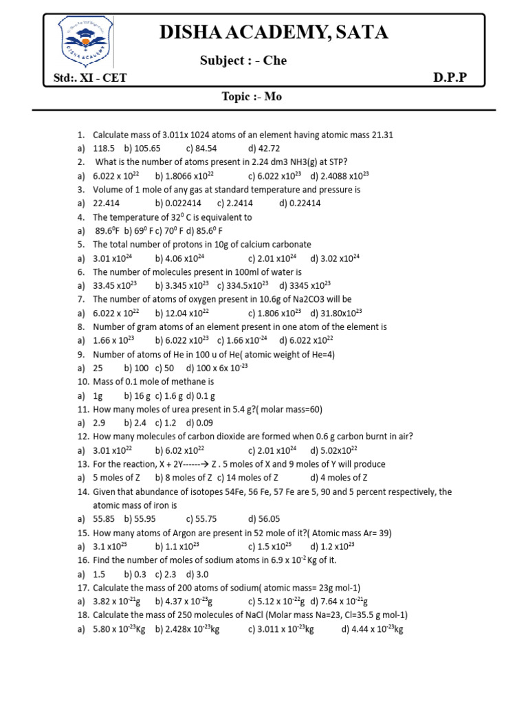 XI-CET Chemistry Mole Concept DPP | PDF | Mole (Unit) | Chemistry