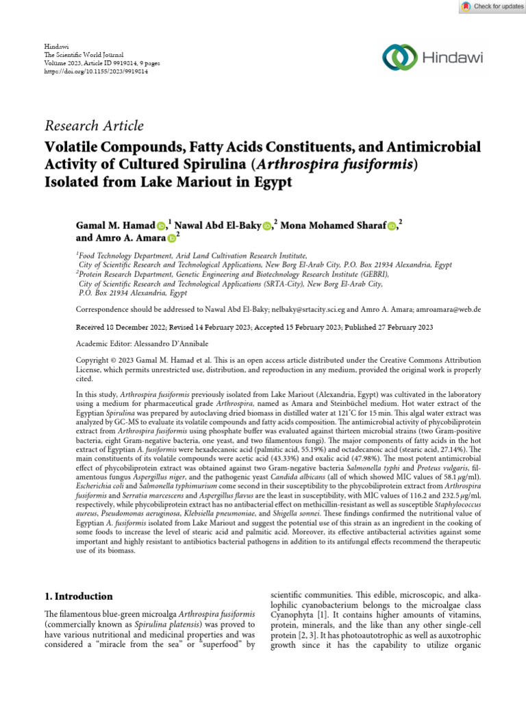 The Scientific World Journal - 2023 - Hamad - Volatile Compounds Fatty Acids Constituents and ...