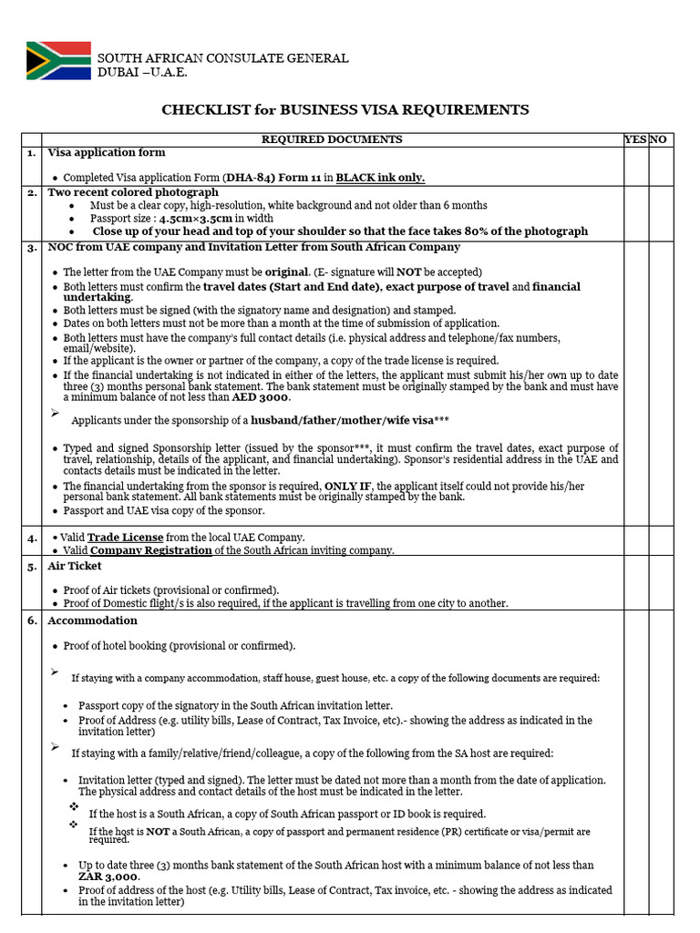 South Africa Checklist Business | PDF | Travel Visa | Passport