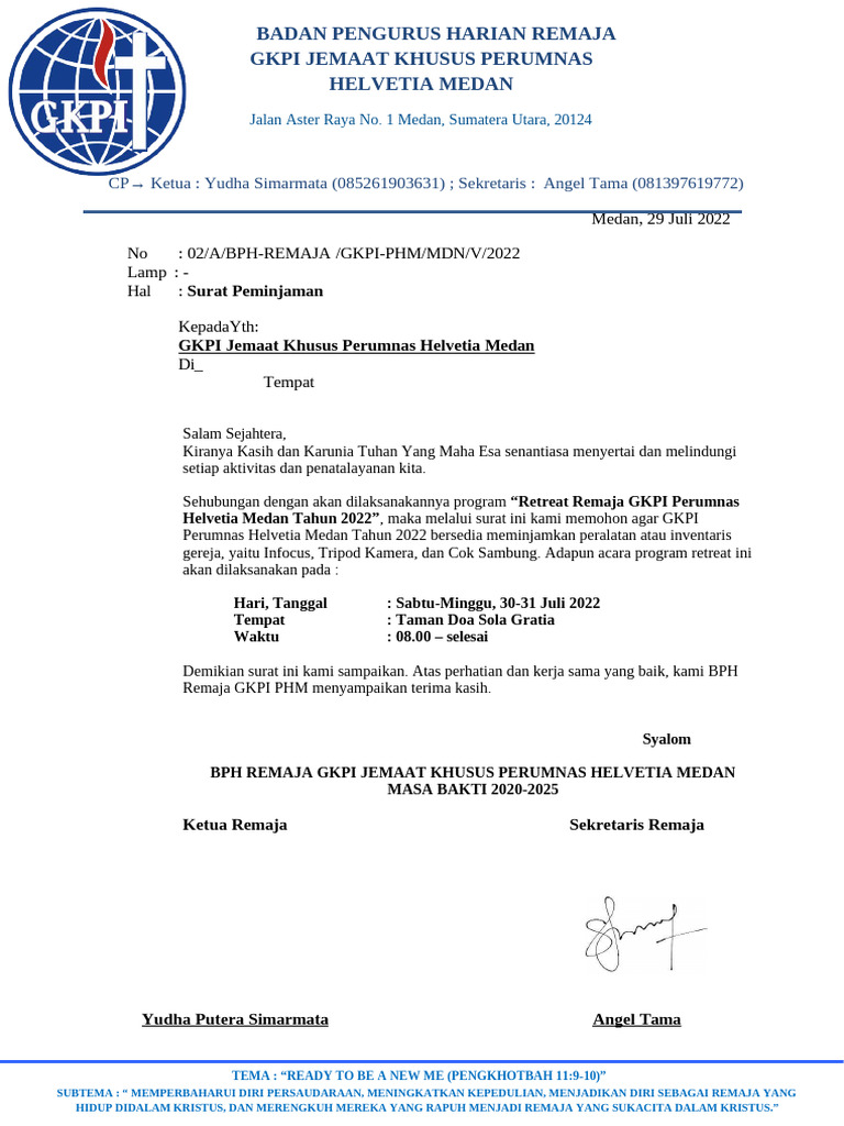 Surat Peminjaman - Remaja GKPI PHM 2022 | PDF