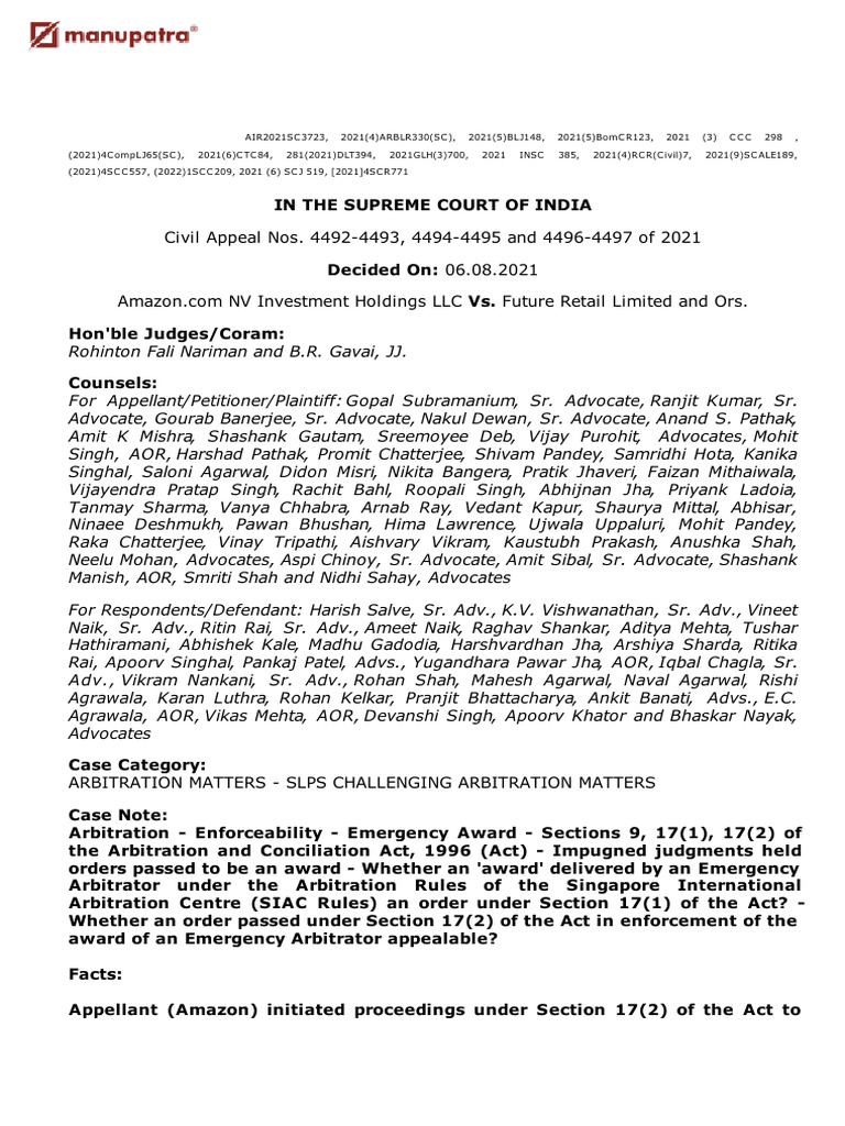 Amazon v. Future Retail - 2022 Supreme Court of India (Emergency ...