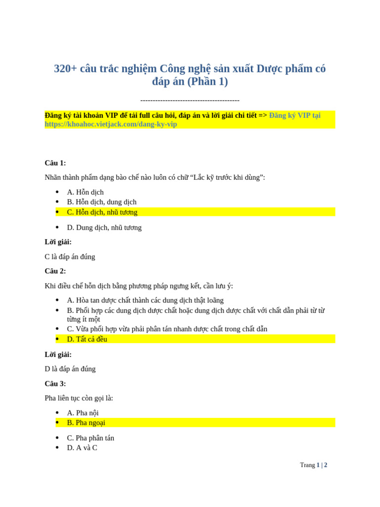 320 Cau Trac Nghiem Cong Nghe San Xuat Duoc Pham Co Dap An Phan 1 2025-06-11 | PDF