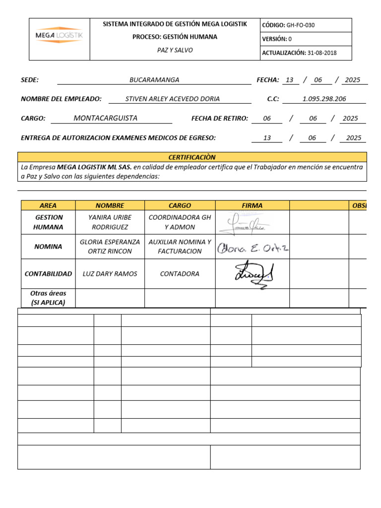 Paz y Salvo Stiven Acevedo | PDF