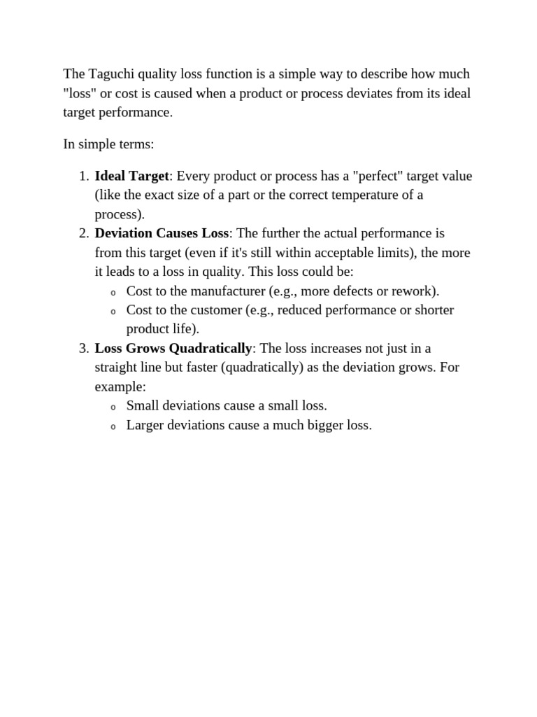 The Taguchi Quality Loss Function Is A Simple Way To Describe How Much ...