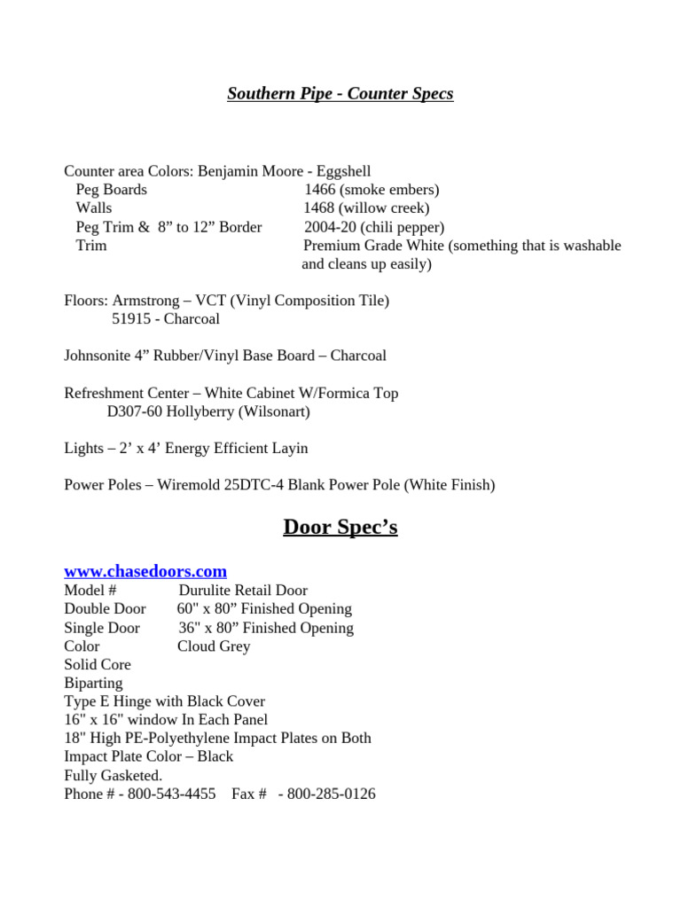 Southern Pipe Colors & Counter Building Specs | PDF