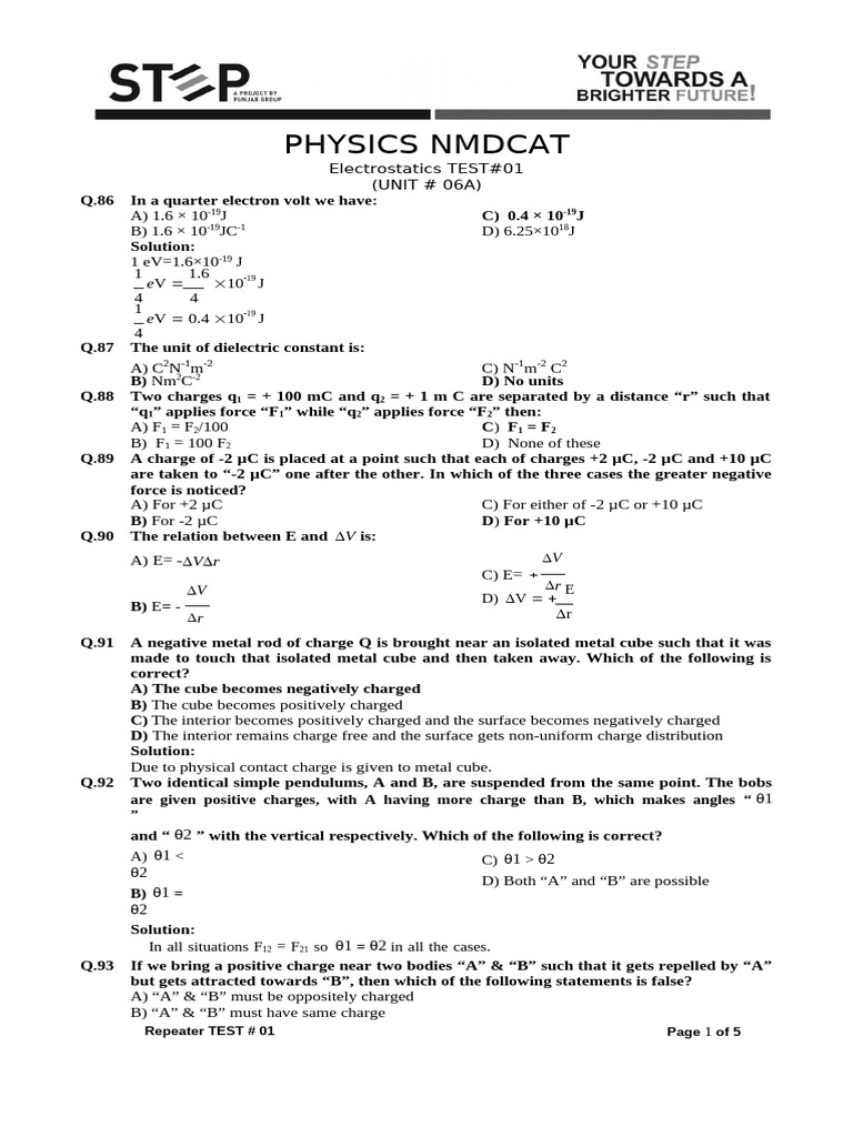 NMDCAT Physics Electrostatics Test 1 | PDF | Electric Field | Electric ...