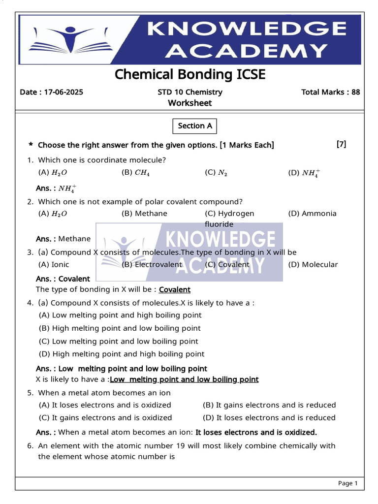 Chemical Bonding Worksheet for ICSE 10 | PDF | Ion | Chemical Compounds