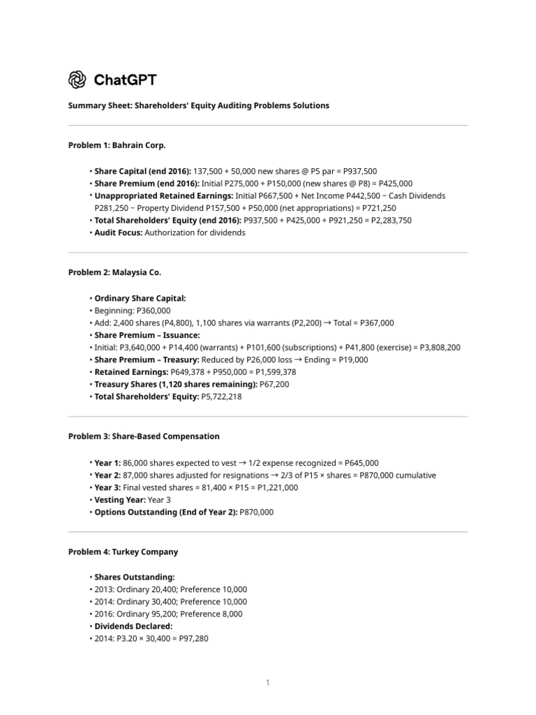 Shareholders Equity Summary | PDF