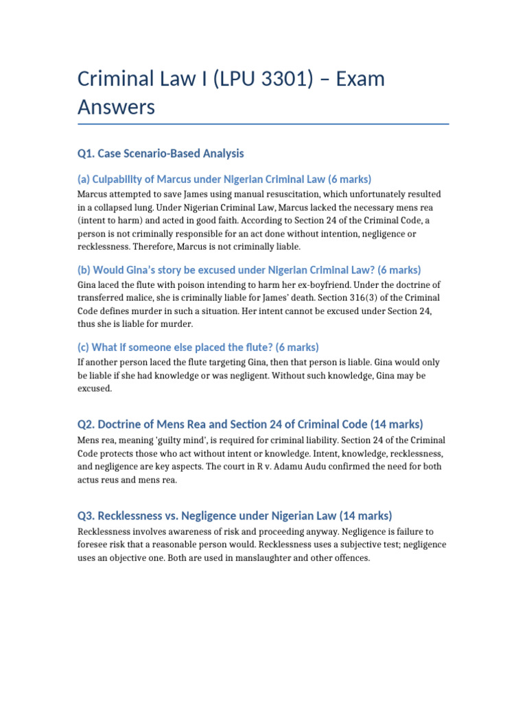 Nigerian Criminal Law: Key Concepts Exam | PDF | Mens Rea ...