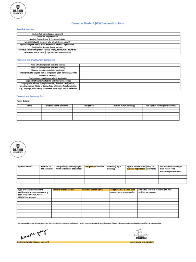 GS Declaration Form for Deakin University | PDF