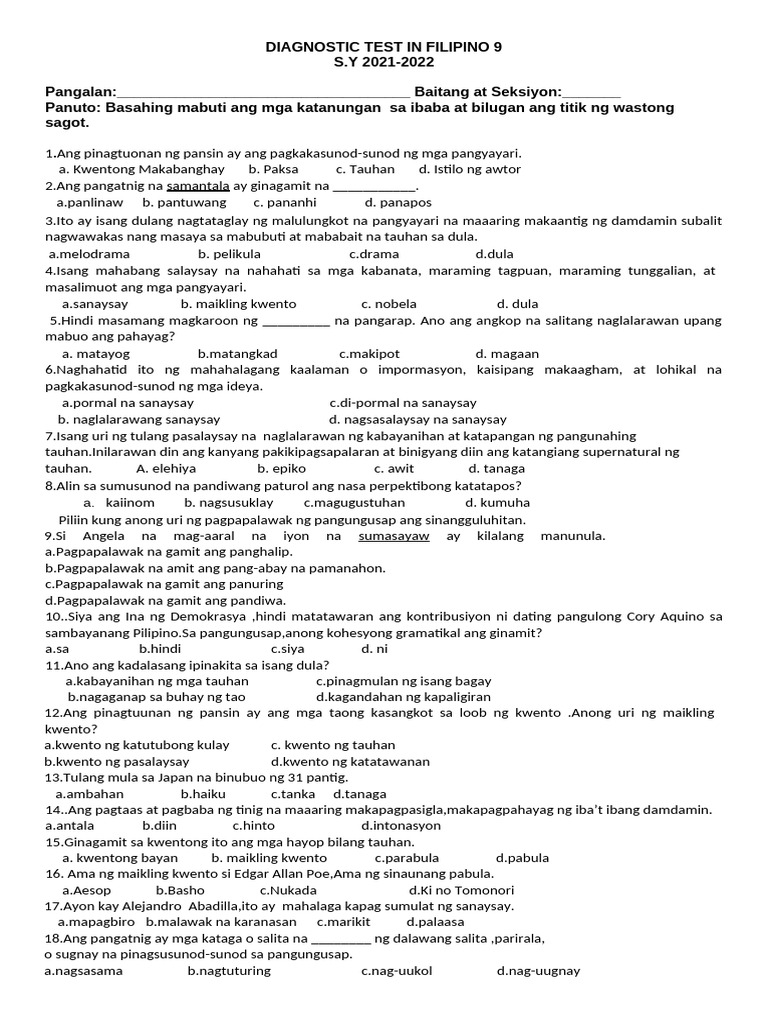 Diagnostic Test Filipino 9 S.Y 2021-2022 | PDF