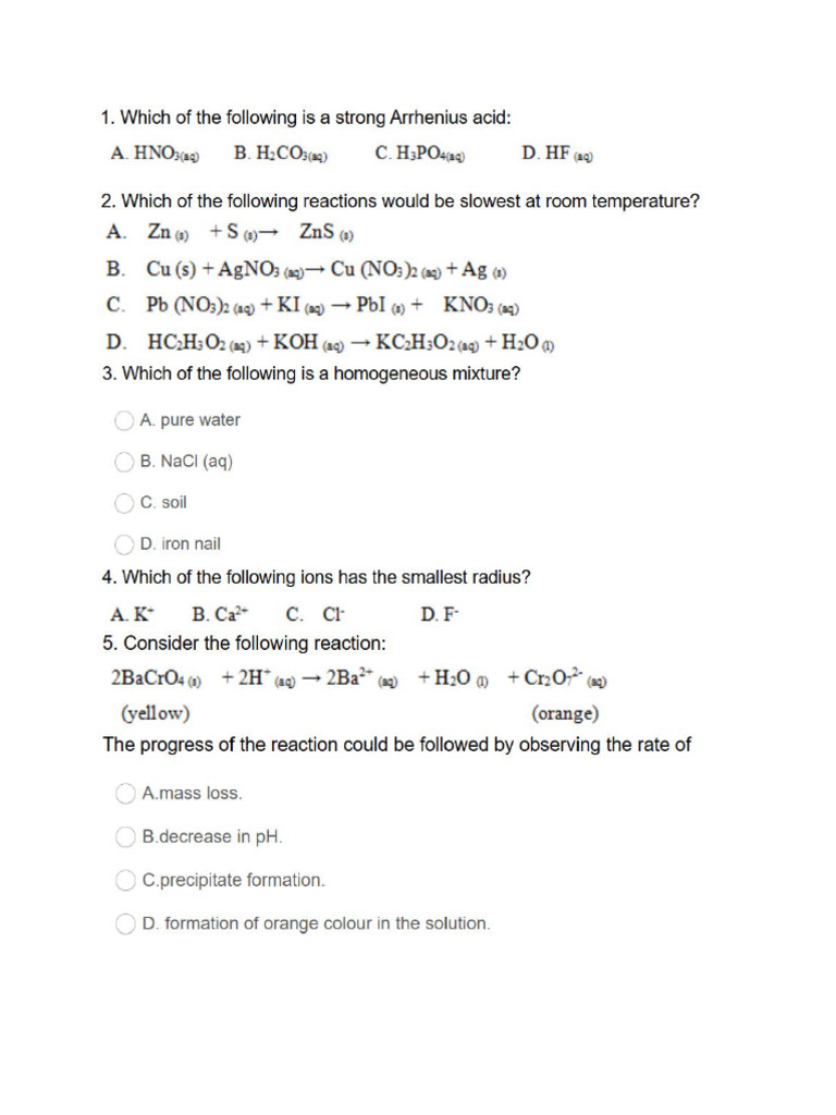 Chemistry Sample Questions | PDF