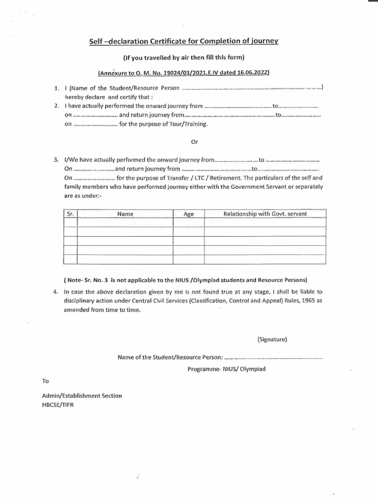 Journey Completion Declaration Form | PDF