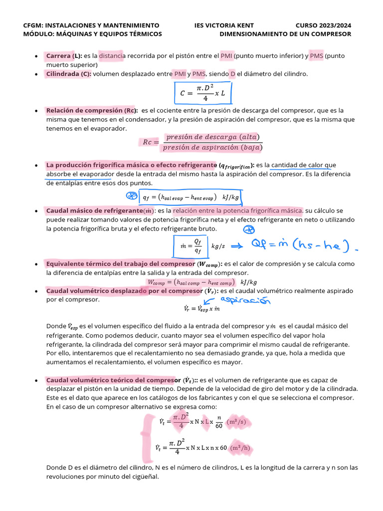 FÃ Rmulas Compresor | PDF | Pistón | Poder (Física)