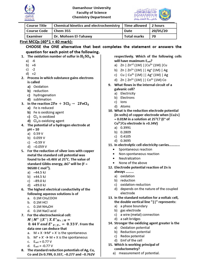 Exam Chem355 2023 2nd Term Q-A | PDF | Redox | Reaction Rate