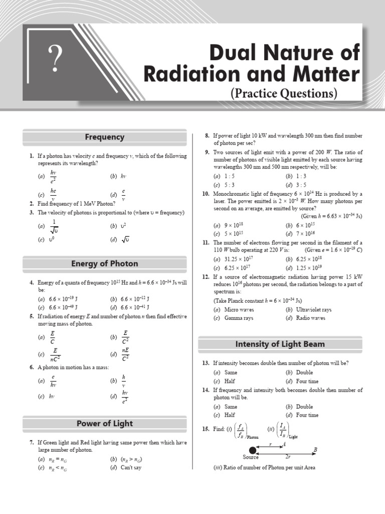 Dual Nature of Radiation and Matter Practice Questions Y | PDF ...
