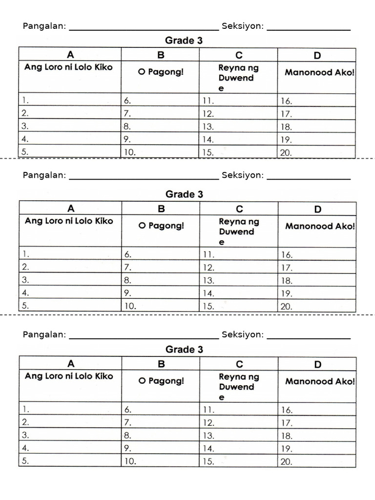 Phil-Iri Gr. 3 Answer Sheet | PDF