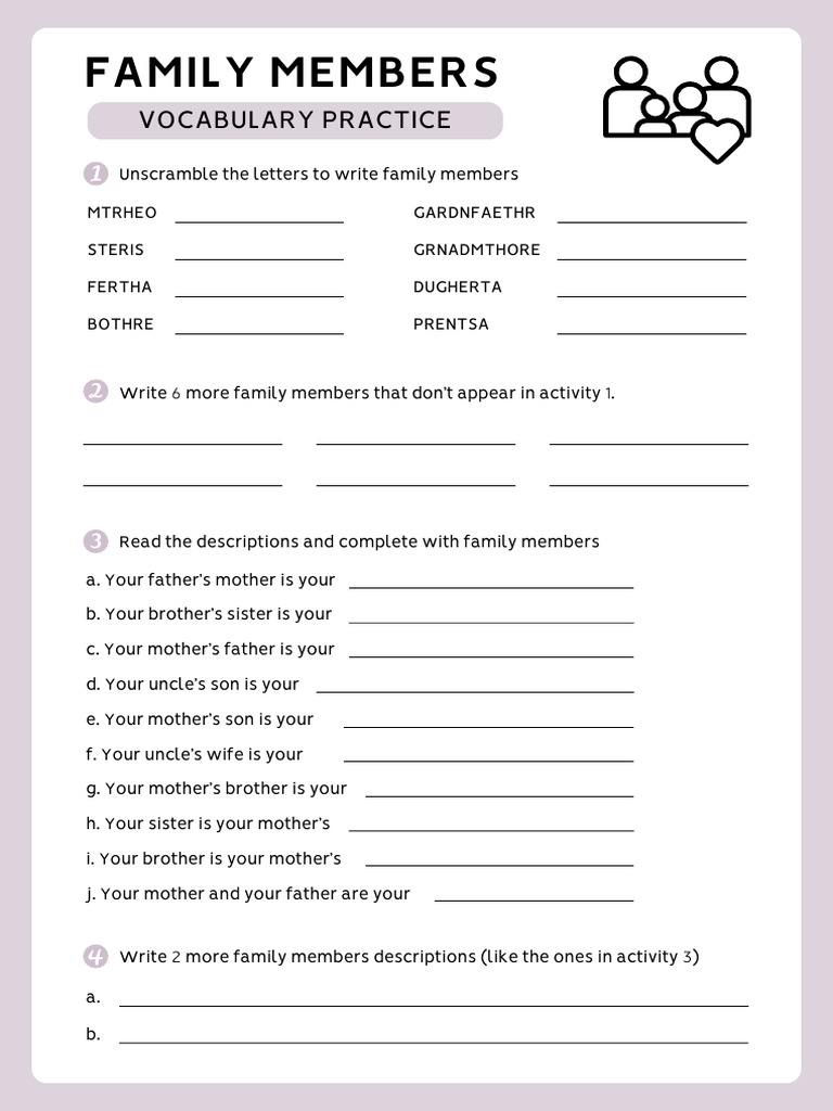 Family Members Vocabulary Practice Worksheet in Lilac and Monochromatic ...