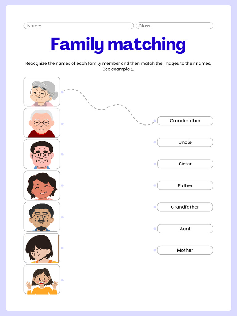 Family Members Matching Worksheet in Blue Illustrative Style | PDF