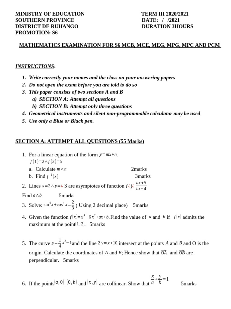 Mathematics Examination of The Third Term 2021 For s6 | PDF | Function ...