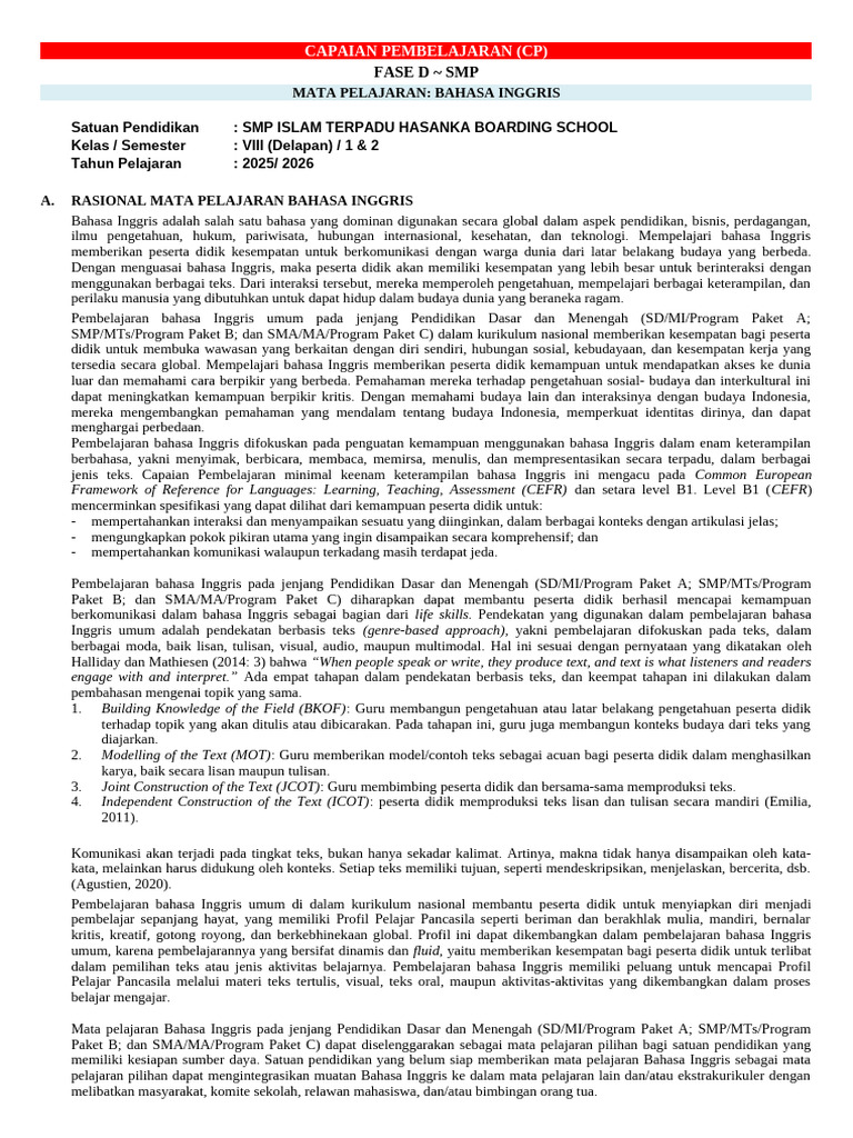 Capaian Pembelajaran (CP) - Fase D-BING 2025 | PDF