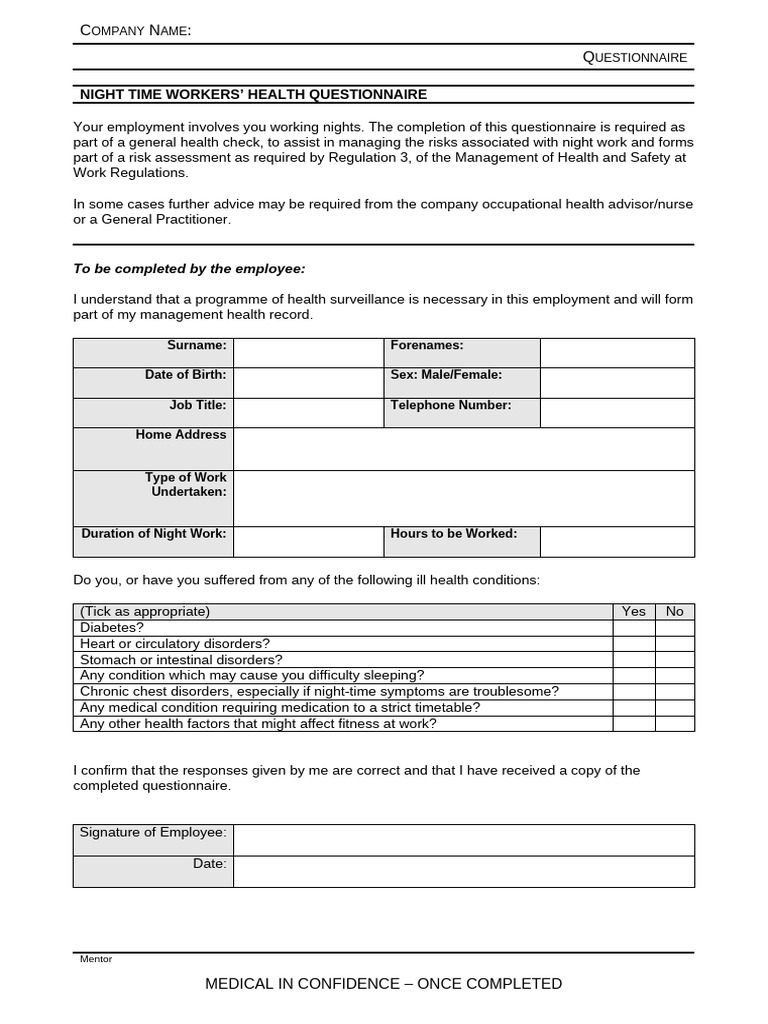 Night Worker Health Assessment Form | PDF | Occupational Safety And ...