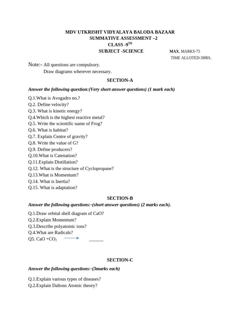 Class-9th Science Ques. Paper | PDF | Chemical Reactions | Physical ...