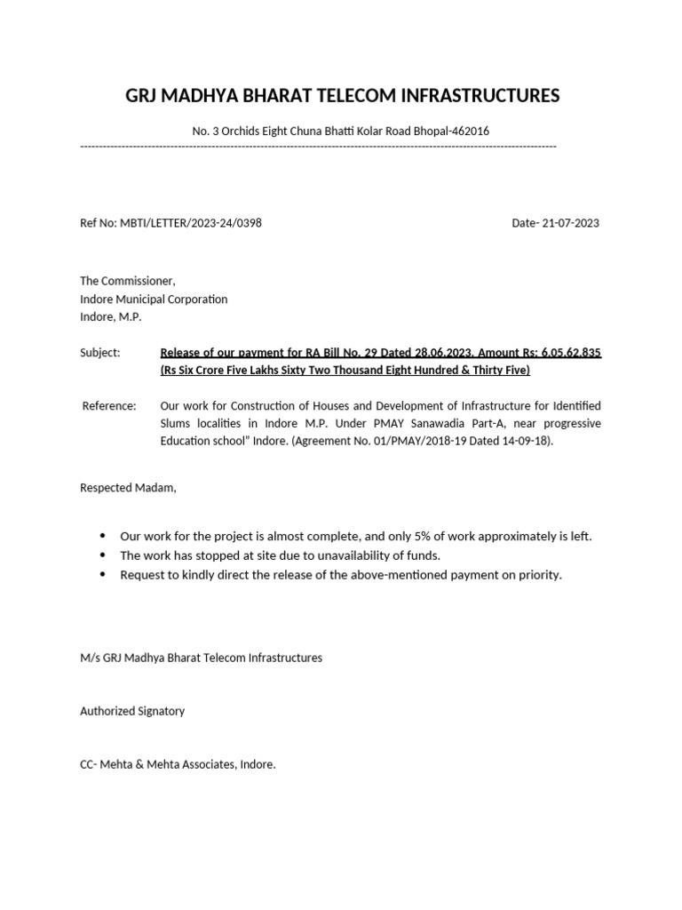 Indore Payment Release Letter RA-29-REV 1 | PDF