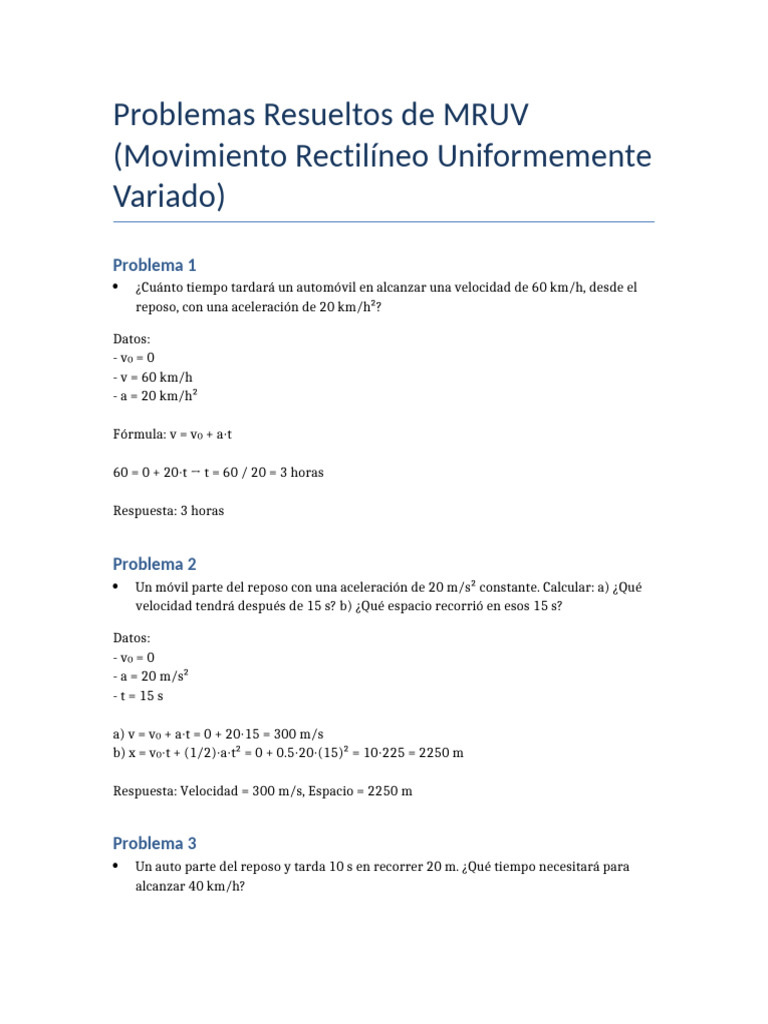 Problemas MRUV Resueltos | PDF