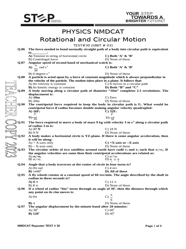 NMDCAT Physics Test on Circular Motion | PDF | Force | Velocity
