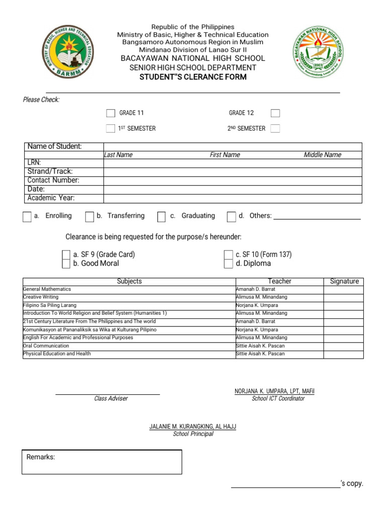 Bacayawan Nhs - Shs Clearance Form 090101 | PDF