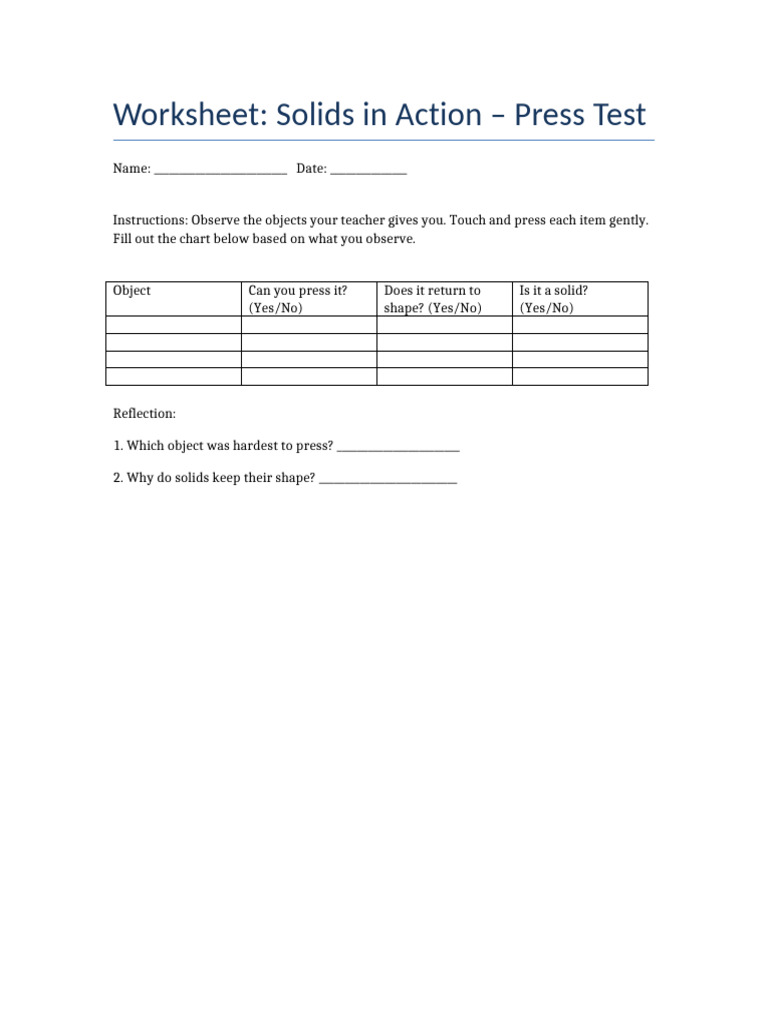 Solids in Action Press Test Worksheet | PDF
