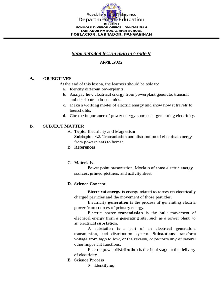 Grade 9 Lesson Plan: Electricity Basics | PDF | Electricity | Electric ...