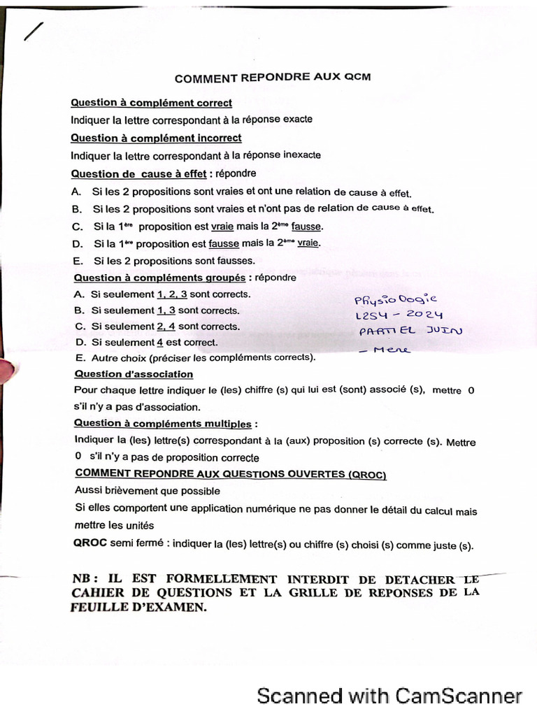 Partiel Physiologie L2S4-2024 | PDF