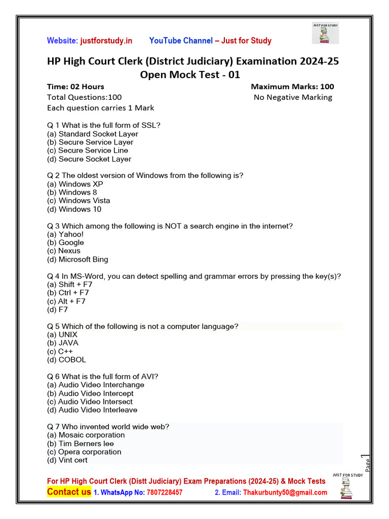 HP High Court Clerk Mock Test 2024-25 | PDF