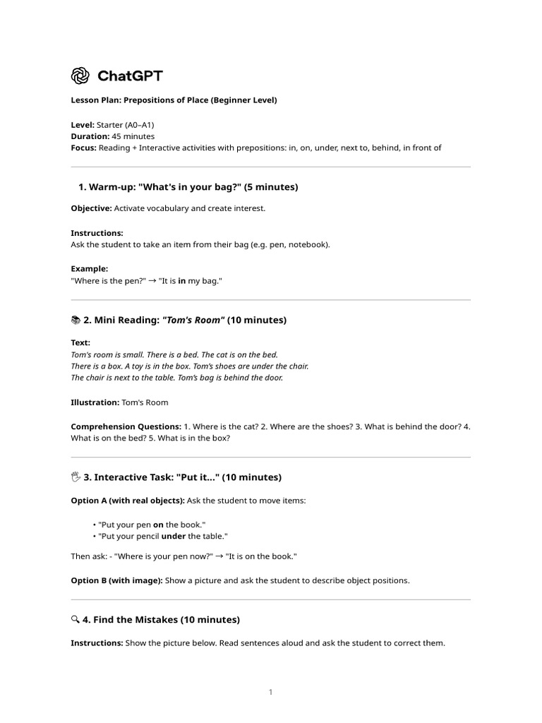 Beginner Lesson Plan: Prepositions of Place | PDF