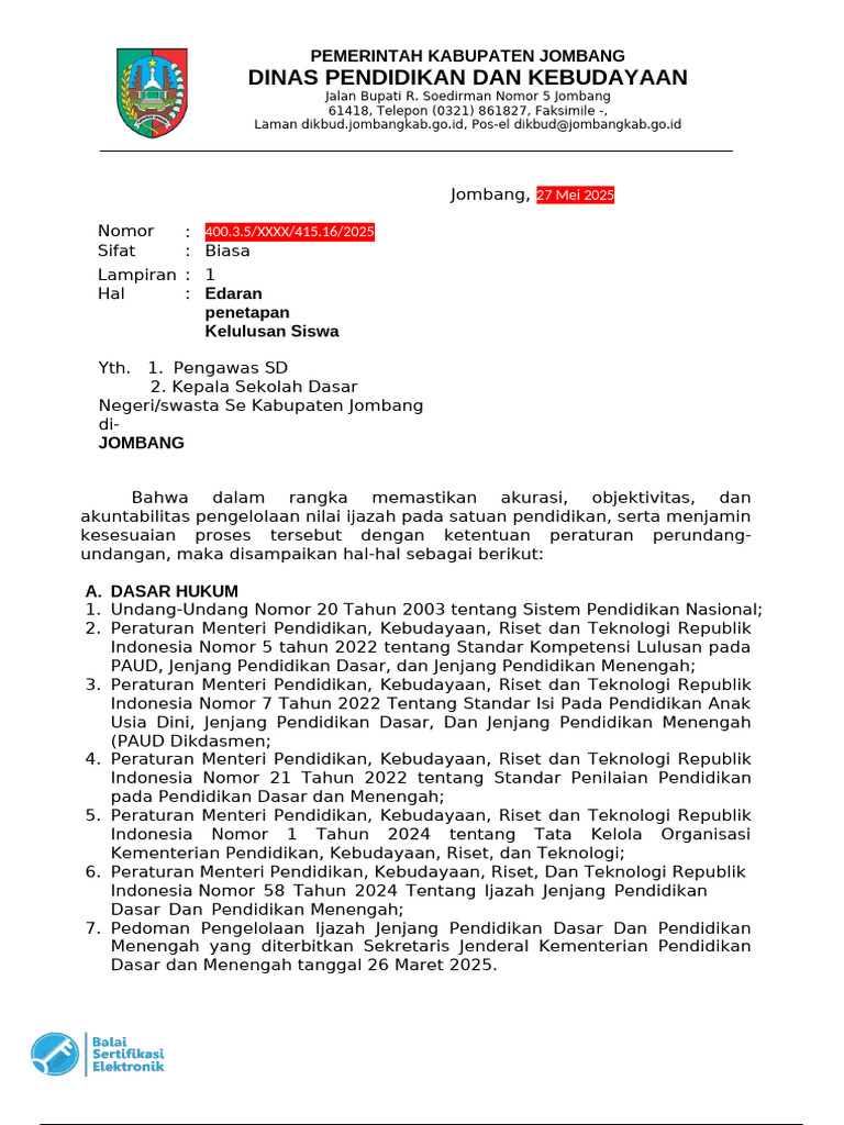 20250527155113draf Dinas Edaran Surat Penetapan Kelulusan | PDF