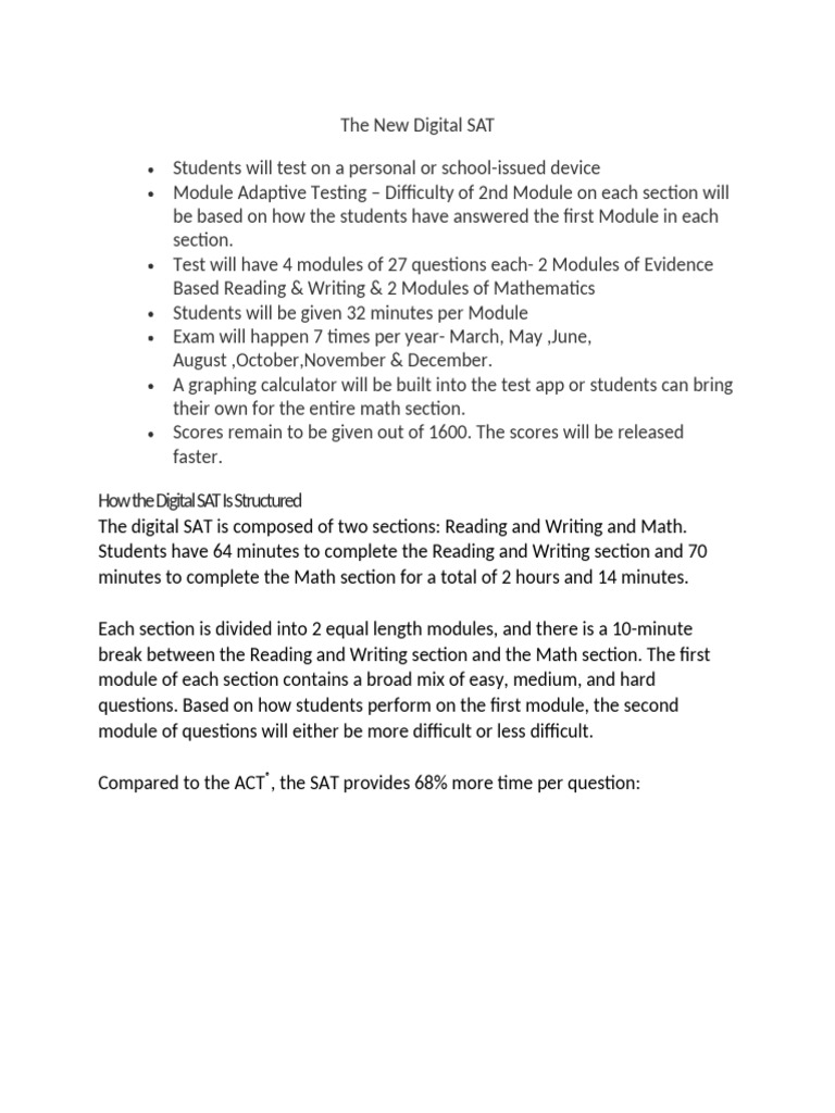 Overview of the New Digital SAT Format | PDF | Sat | Reading Comprehension
