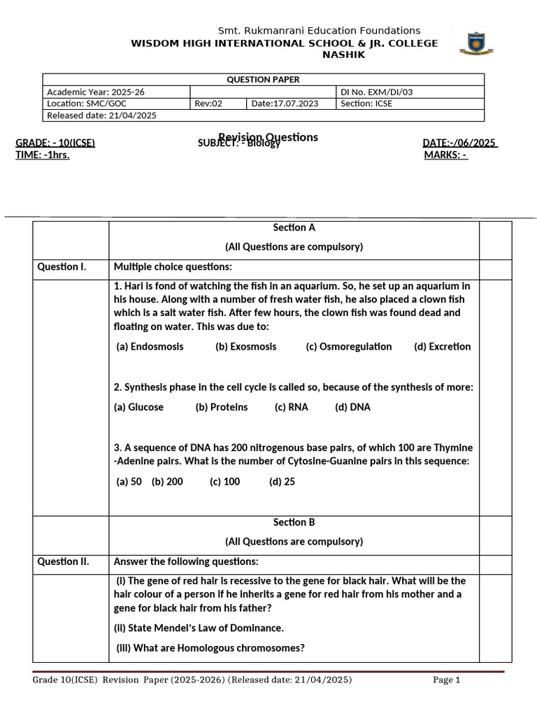 Biology Grade 10 Revision Unit Test Paper 25-26 Fatema | PDF | Gene ...
