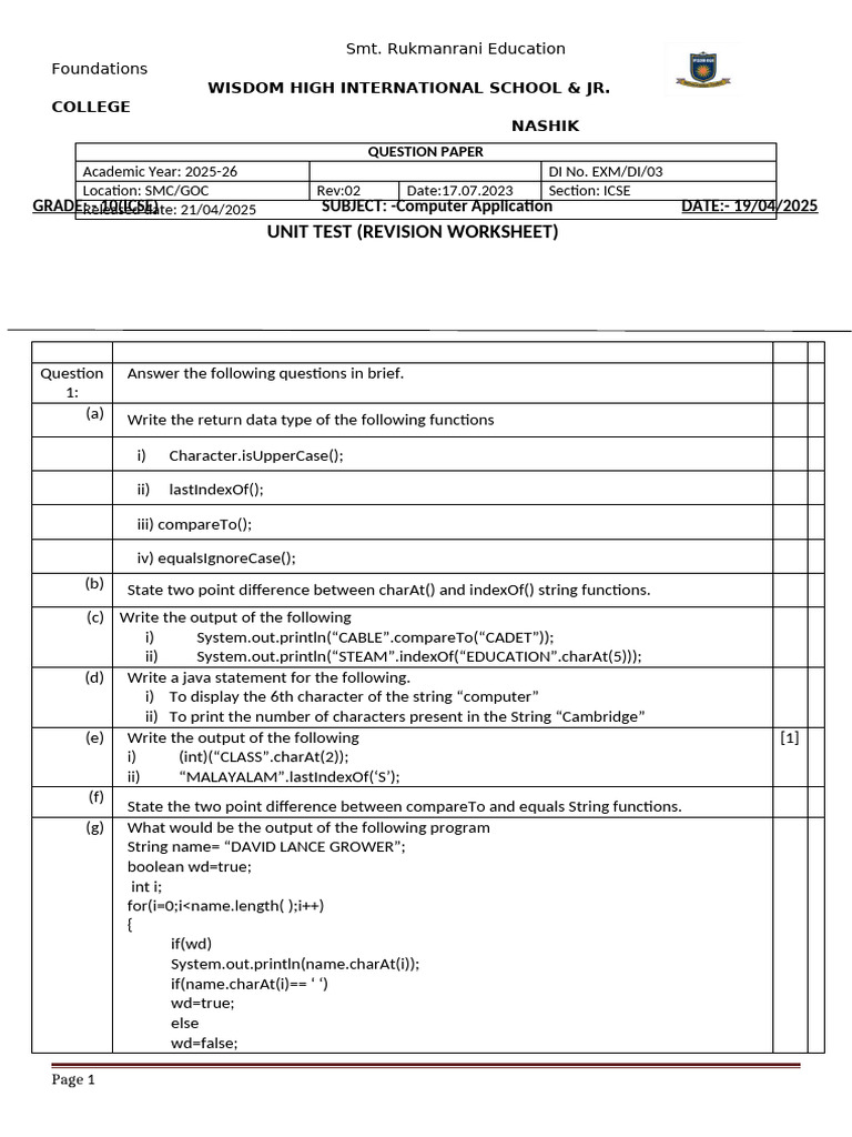 Java Programming Unit Test Worksheet | PDF | Mathematical Logic ...
