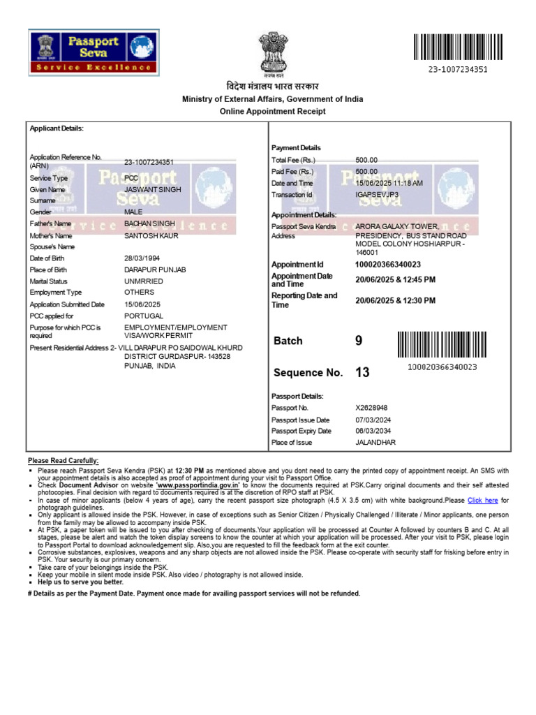Appointment Reciept | PDF | Passport | Government And Personhood