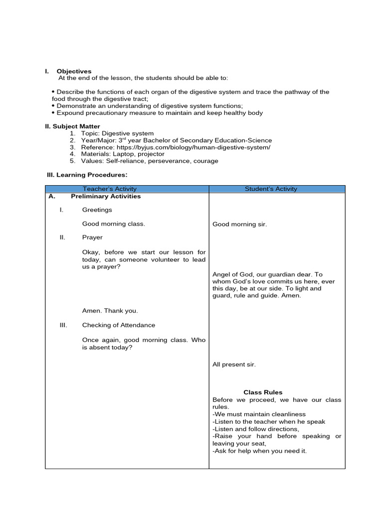 Lesson Plan Digestive System-Jofrey | PDF | Digestion ...