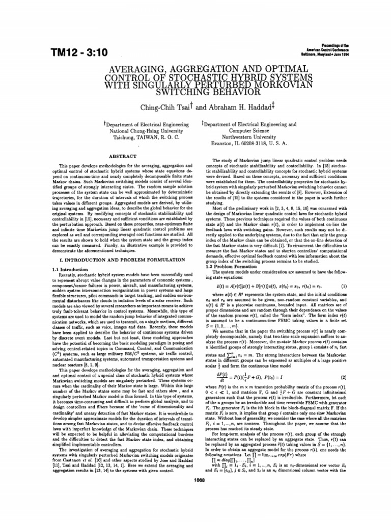 C. C. Tsai and A. H. Haddad, 1994 Averaging Aggregation and Optimal Control of Singularity ...